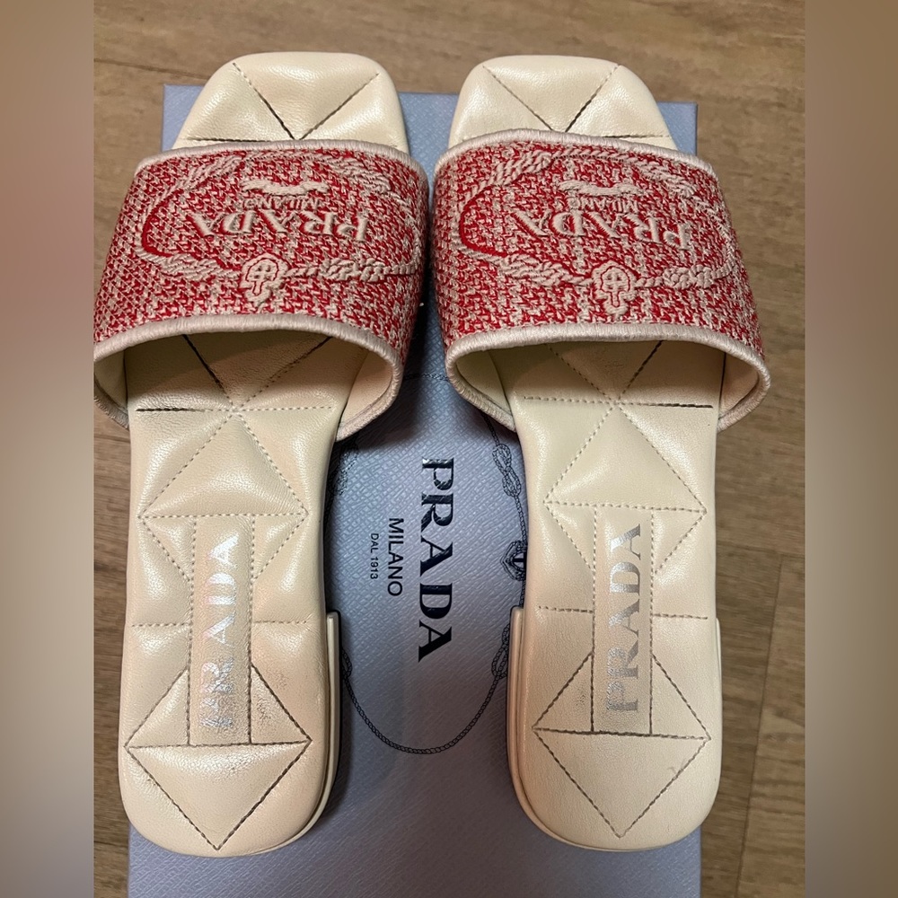 100% Authentic Prada Embroidered Fabric Slides - Gem